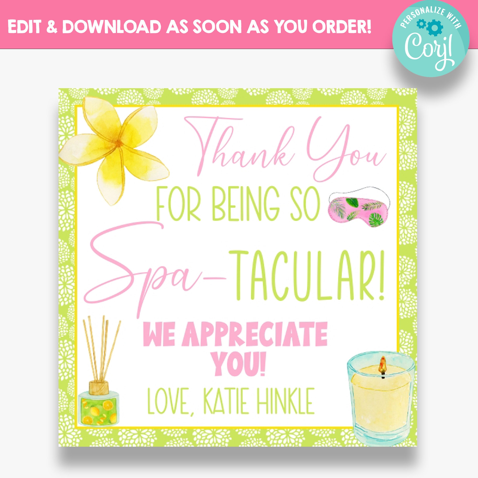 EDITABLE Thank You for Being so Spa-tacular Gift Tags Spa Thank You ...