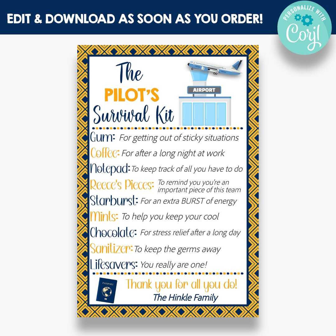 EDITABLE Pilot's Survival Kit Tag | Pilot Thank You Gift Idea | Airline ...