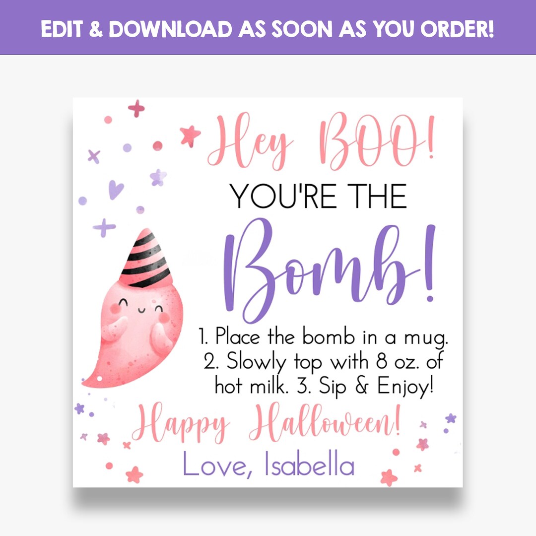 Editable Hey Boo Halloween Treat Tags | Pink Ghost Boo Bomb Halloween ...