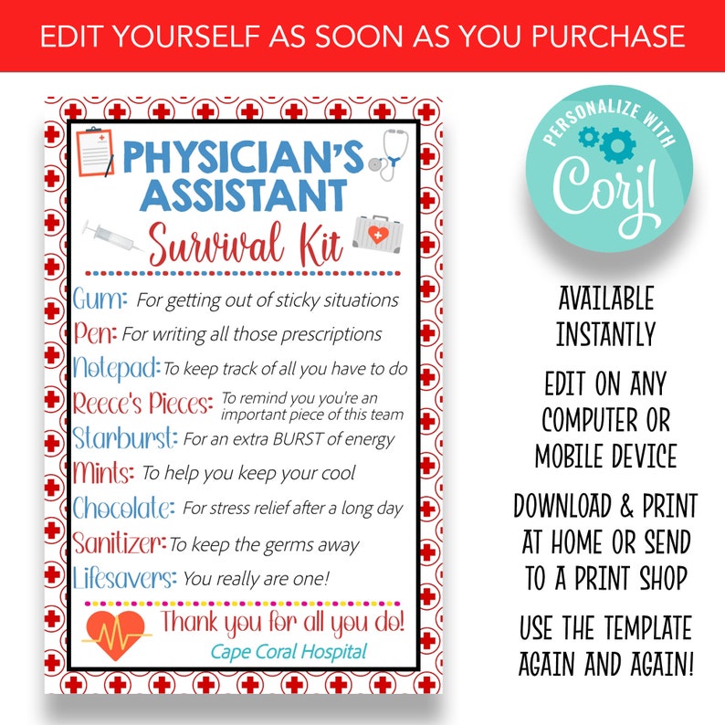EDITABLE Physician Assistant's Survival Kit Tag | Staff Appreciation ...