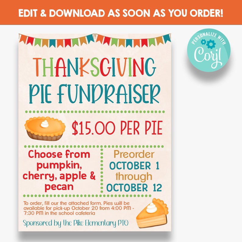 EDITABLE Thanksgiving Pie Fundraiser Flyer Pie Fundraiser - Etsy