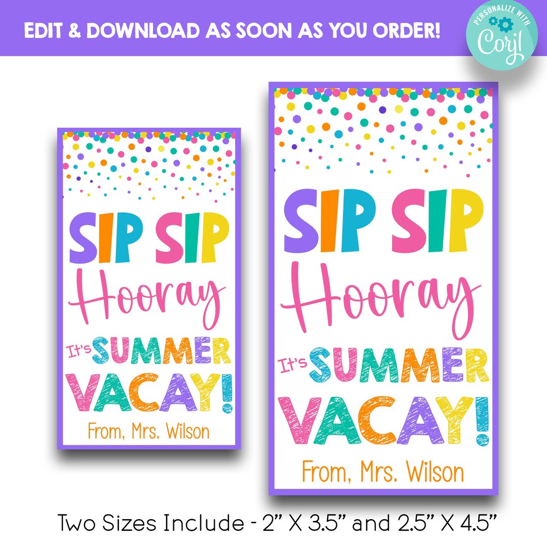 EDITABLE Pastel Sip Sip Hooray It's Summer Vacay Kid's Treat Tags ...