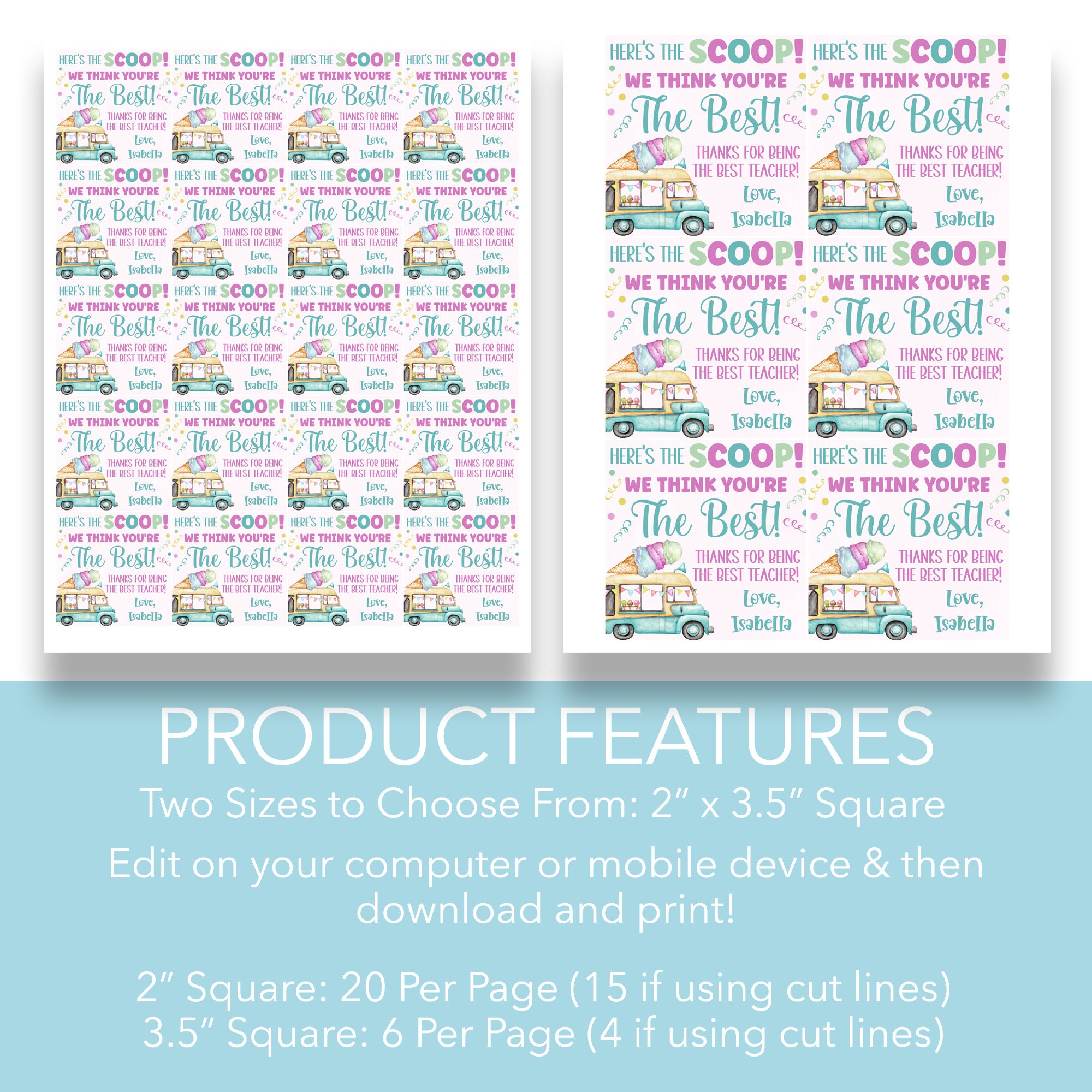 EDITABLE Here's the Scoop Ice Cream Gift Tags Teacher - Etsy