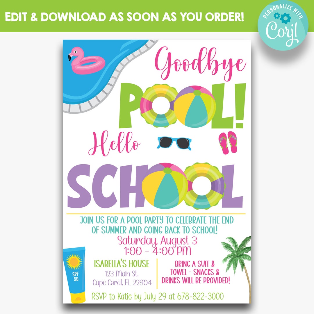 EDITABLE Pink Goodbye Pool Hello School Party Invitations | Back to ...