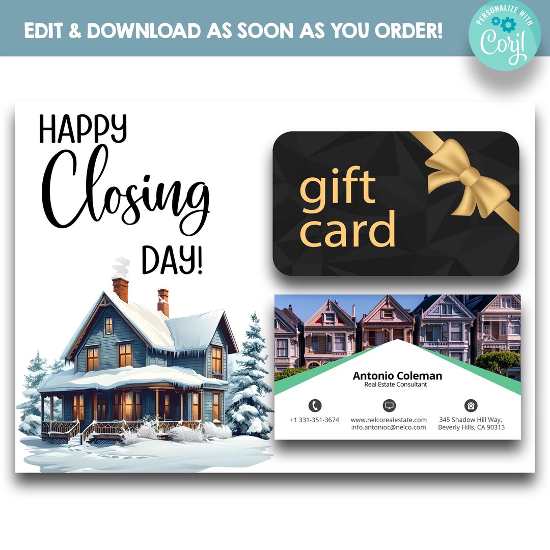 EDITABLE Winter Happy Closing Day Real Estate Client Gift Cards | Real ...