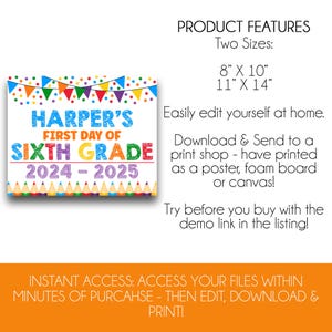Editable Bright First Day of Sixth Grade First Day of School Sign ...