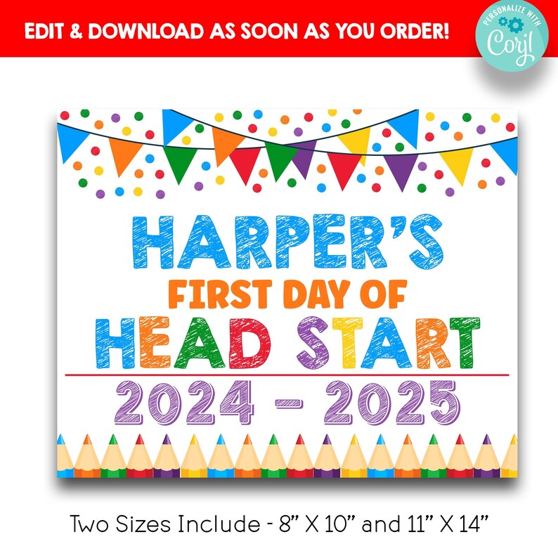 Editable Bright First Day of Head Start First Day of School Sign ...