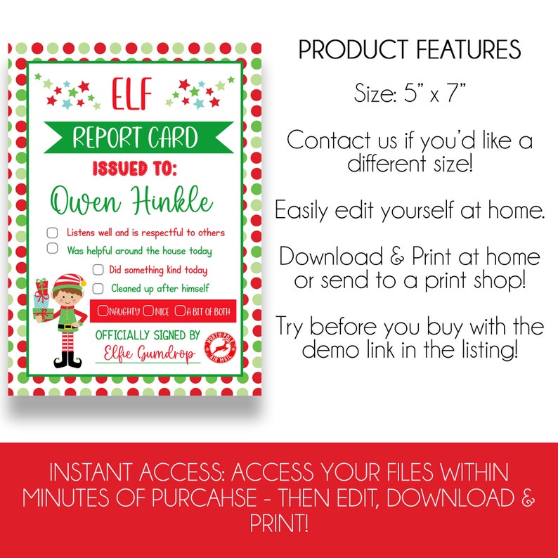 EDITABLE Boy Elf Report Card Printable Elf Report Card - Etsy