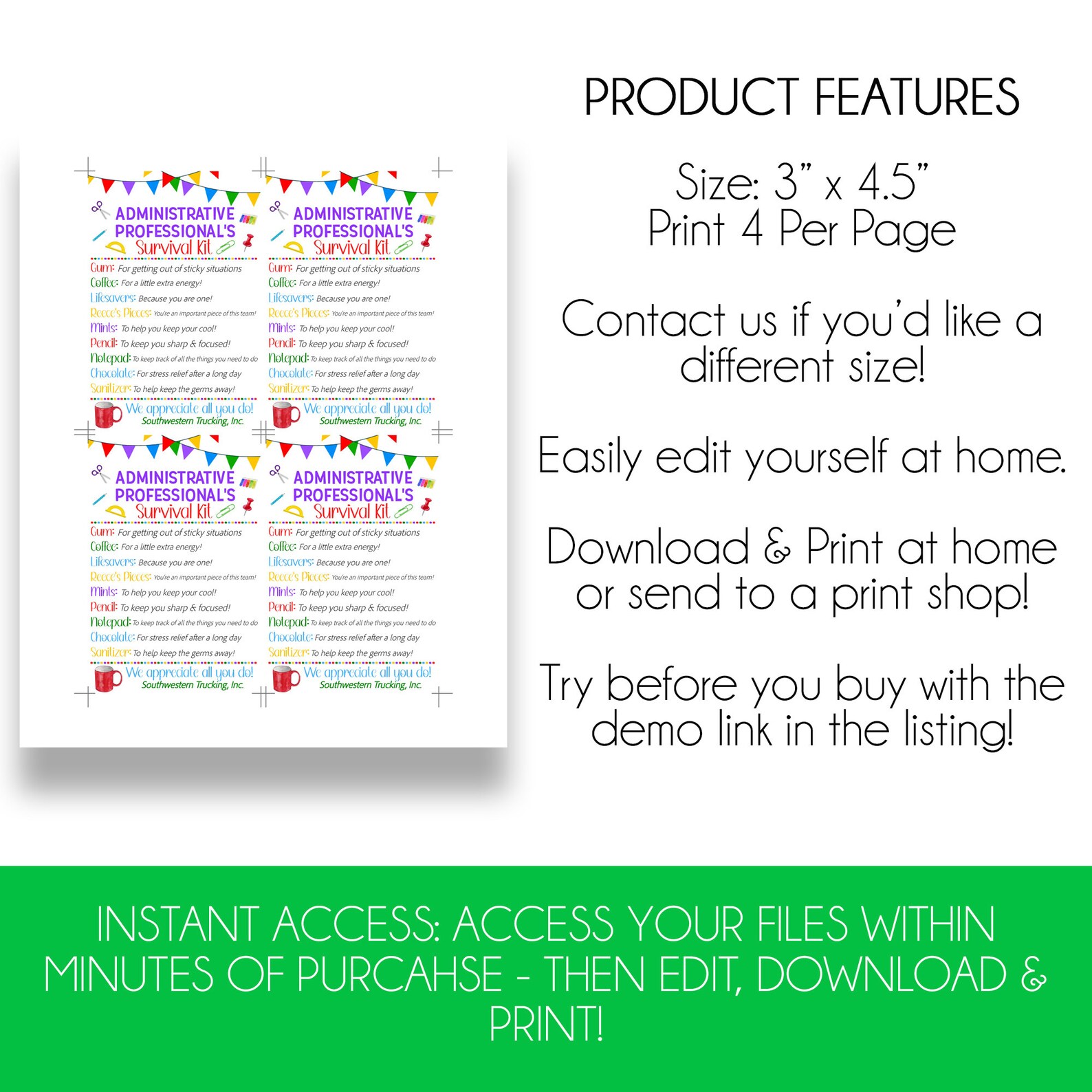 EDITABLE Administrative Professional's Survival Kit Tag - Etsy