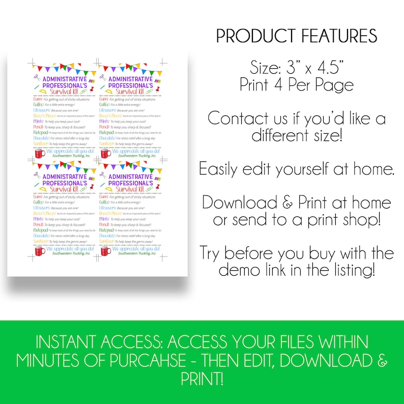 EDITABLE Administrative Professional's Survival Kit Tag | Administraive ...