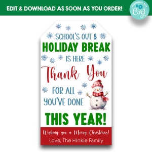 EDITABLE Christmas Teacher Appreciation Gift Tag | Snowman Christmas ...