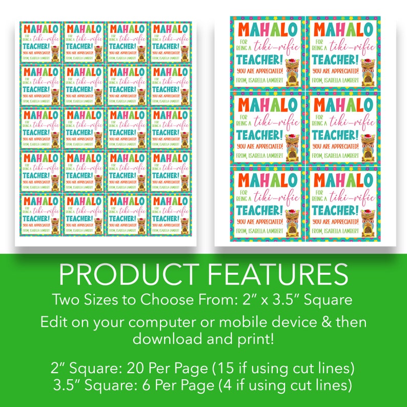 EDITABLE Mahalo for Being a Tiki-rific Teacher Square Gift Tag ...