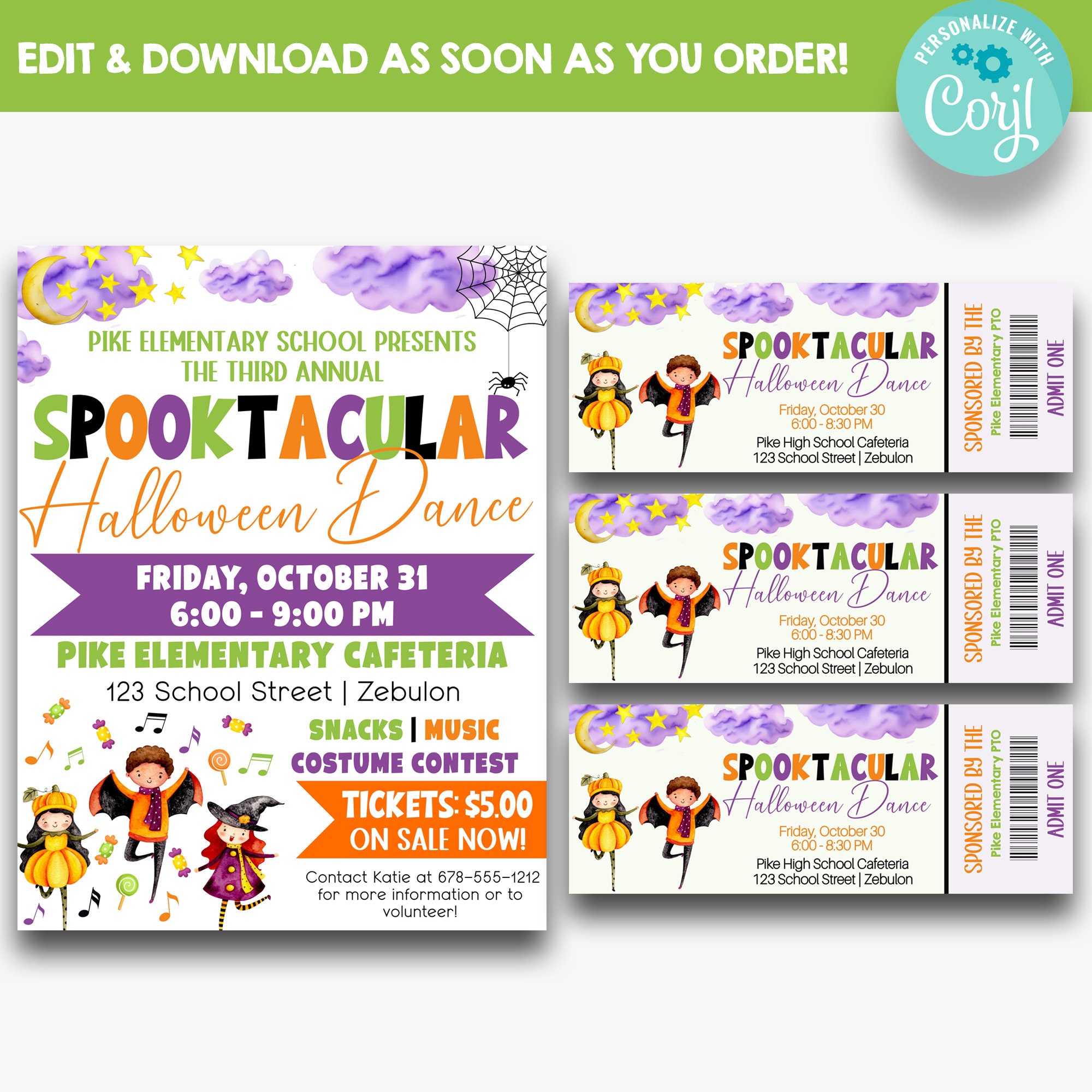 EDITABLE Spooktacular Halloween Dance Flyer With Tickets | School ...