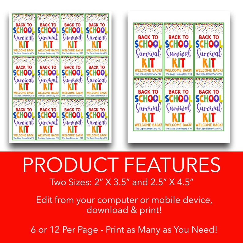EDITABLE Bright Back to School Survival Kit Tags | Kid's First Day of ...