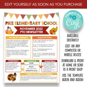 EDITABLE PTO School Newsletter | November PTA Newsletter Template ...