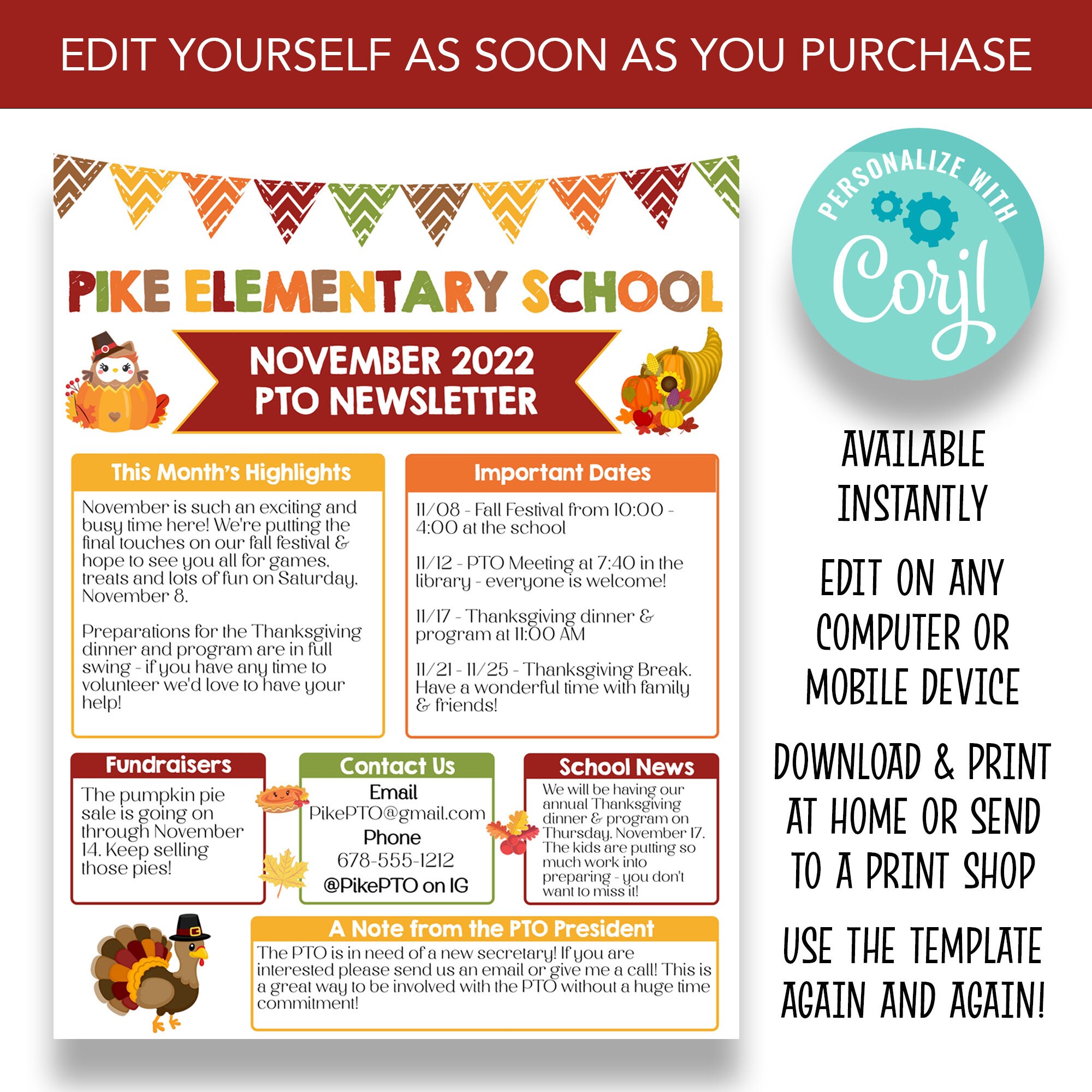 EDITABLE PTO School Newsletter November PTA Newsletter - Etsy