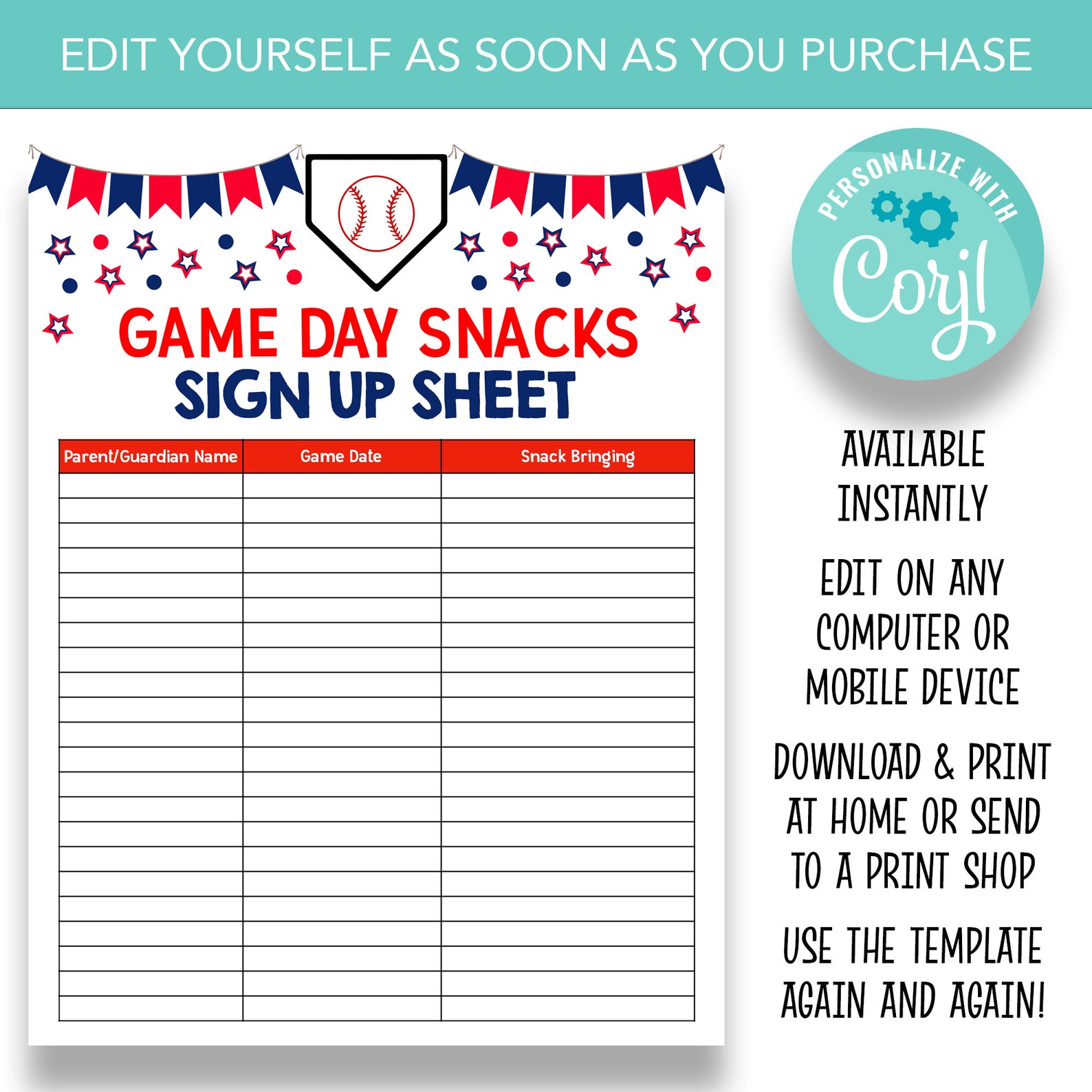 EDITABLE Baseball Snack Sign up Sheet | Game Day Snacks Sign up ...