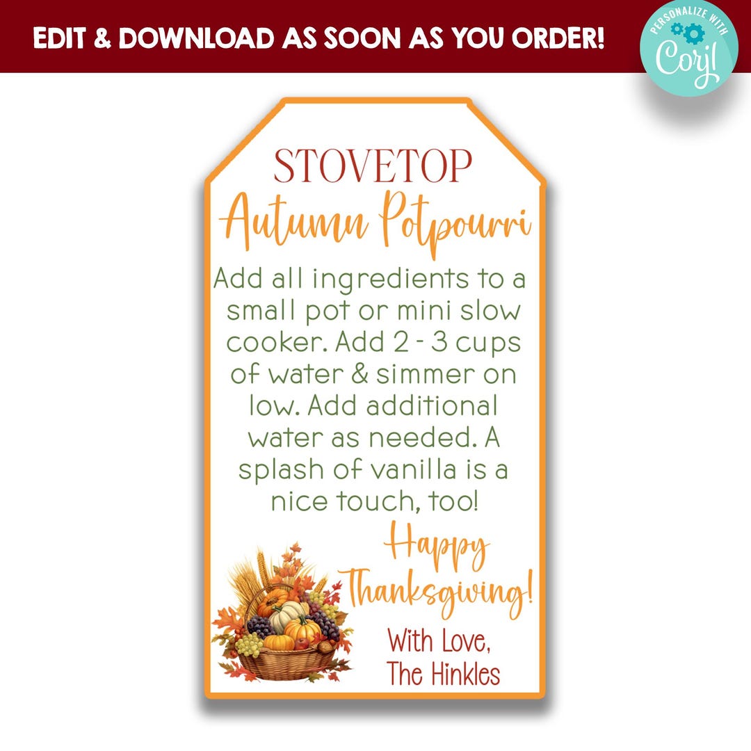 EDITABLE Autumn Potpourri Gift Tags | Stove Top Potpourri Thanksgiving ...