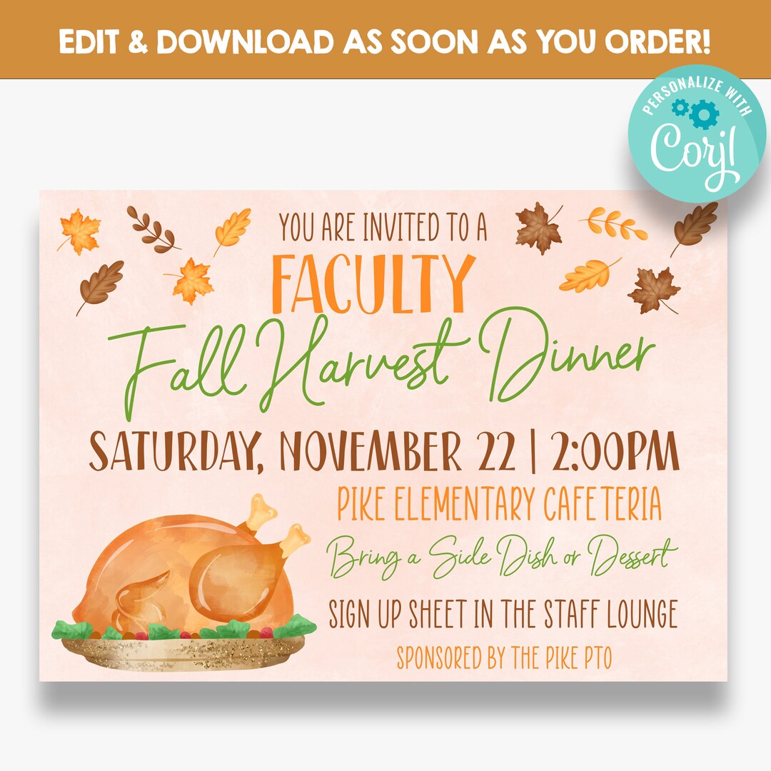 EDITABLE Faculty Fall Harvest Dinner Invitation PTO Staff Fall Dinner ...