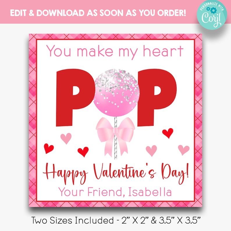 EDITABLE Cake Pop Valentine Gift Tag | You Make My Heart Pop Valentine ...