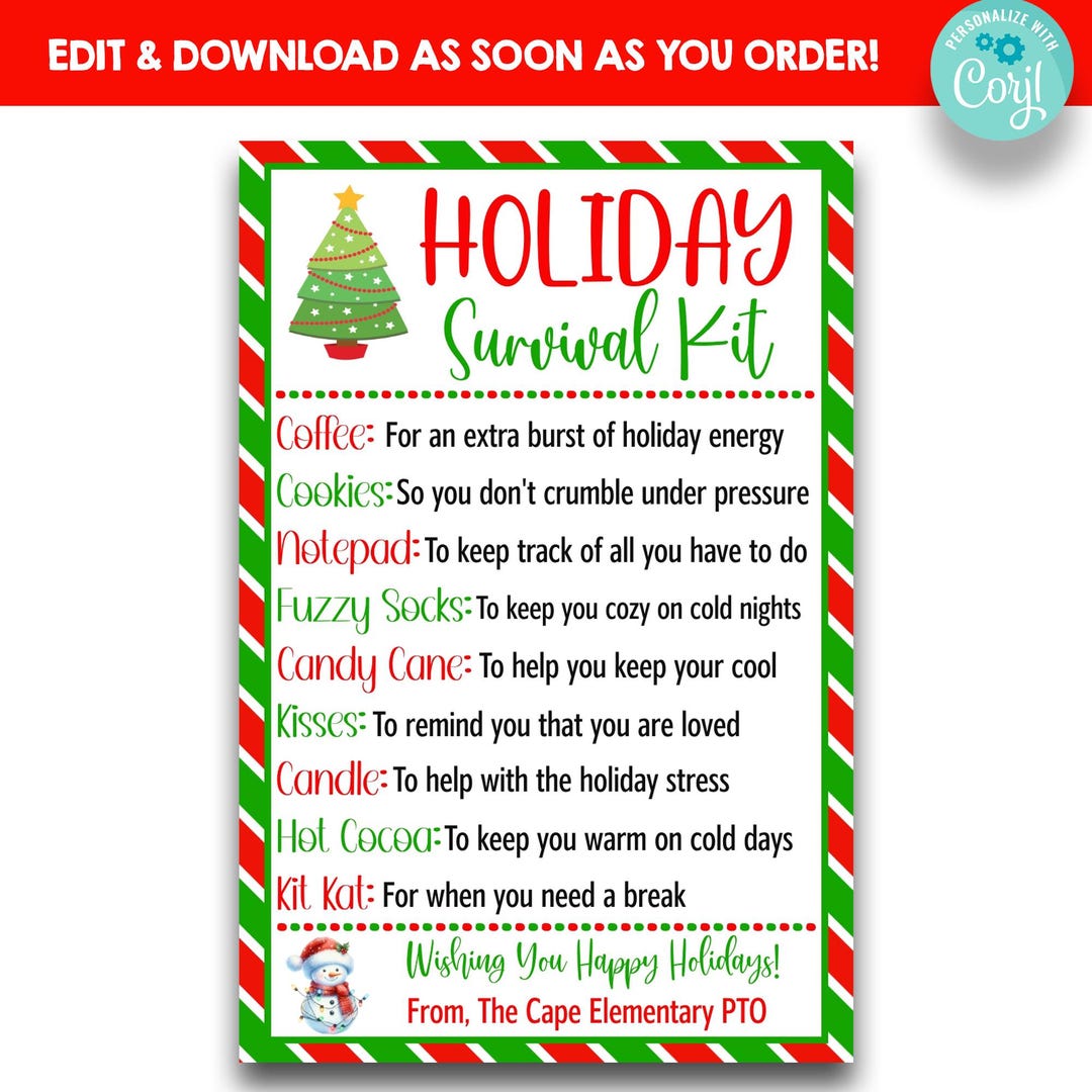EDITABLE Holiday Survival Kit Gift Tags | Printable Christmas Tags ...