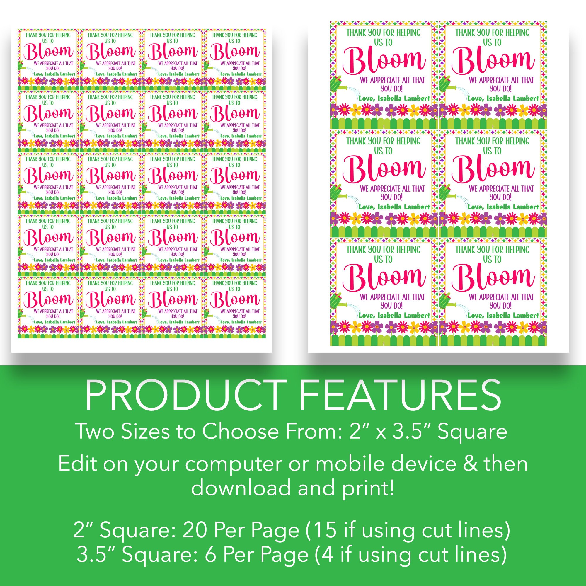 EDITABLE Thank You for Helping Us Bloom Square Gift Tags End - Etsy