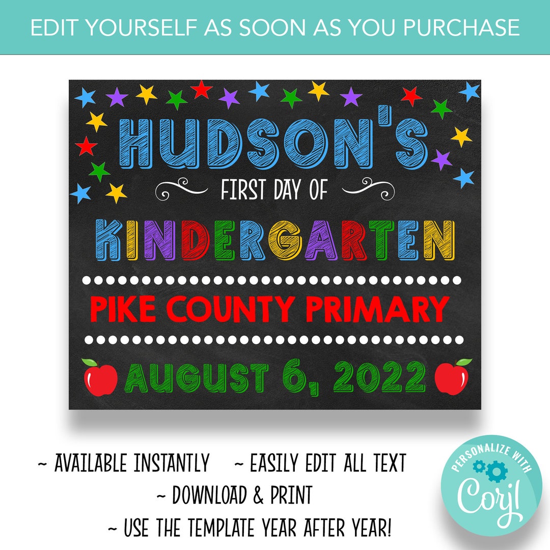Editable Personalized First Day of Kindergarten Grade Sign | Bright ...