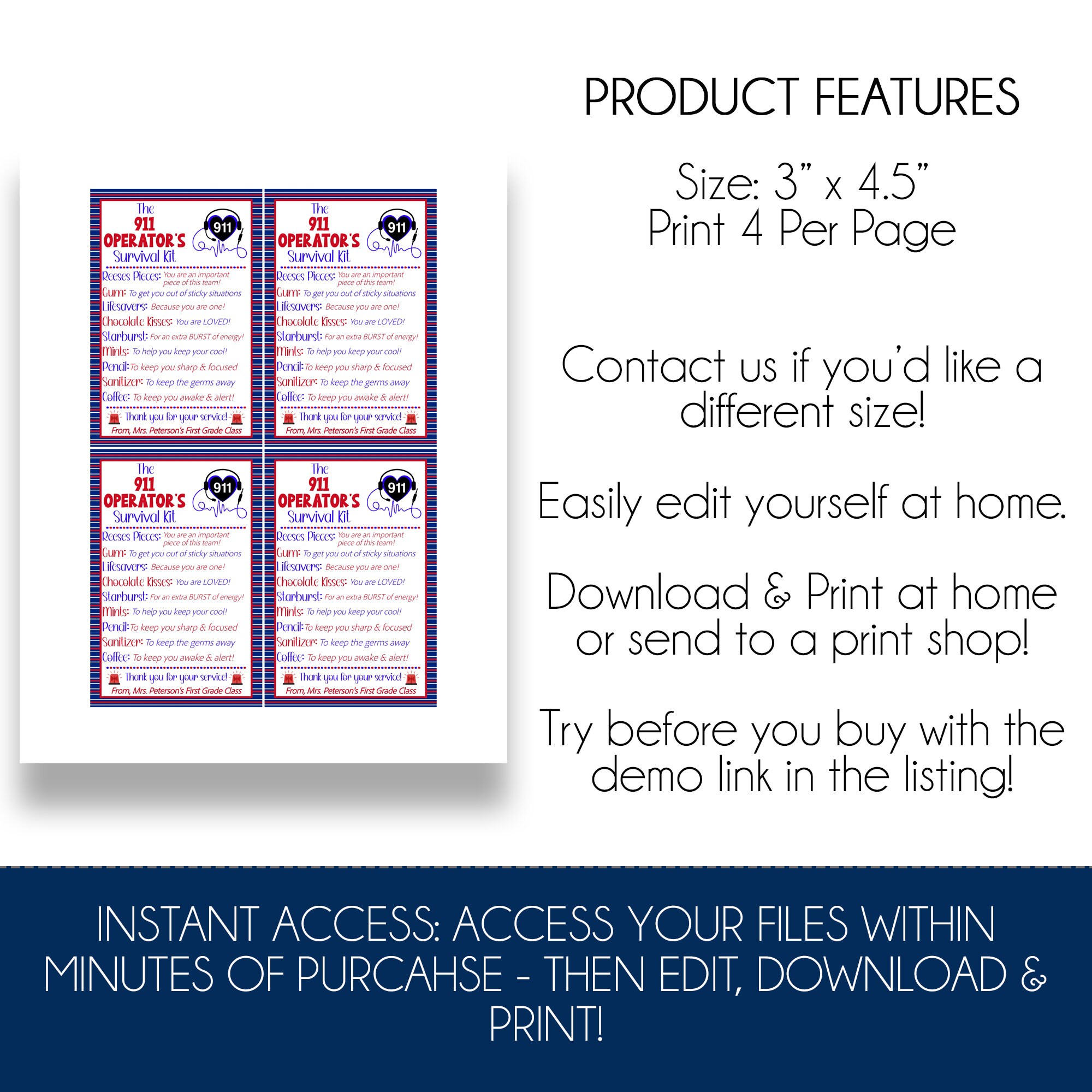 EDITABLE 911 Dispatcher's Survival Kit Tag | 911 Operator Thank You ...