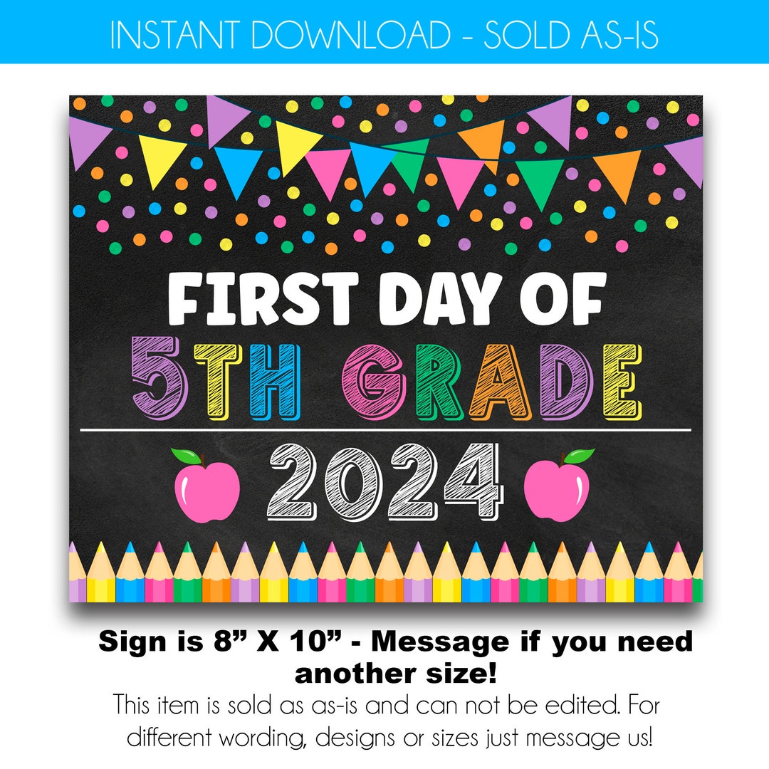 First Day of 5th Grade Sign Printable Pastel Chalkboard Back to School ...
