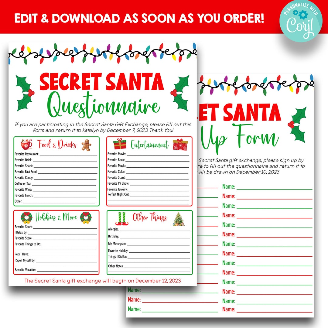 EDITABLE Secret Santa Questionnaire | Printable Questions for Secret ...