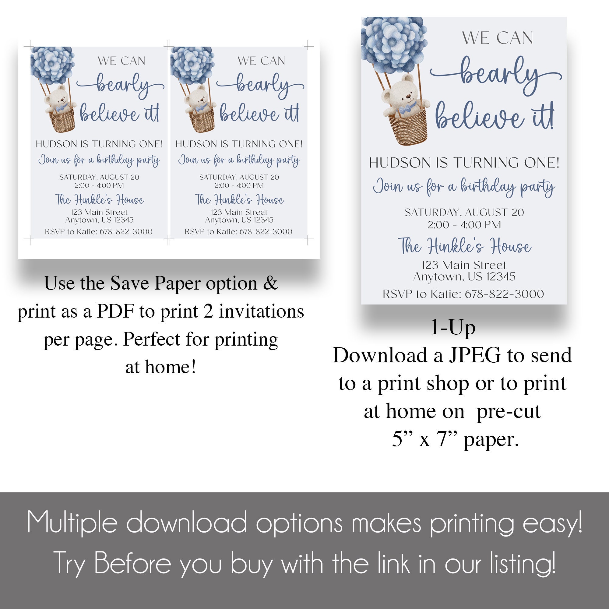 Editable Blue Bear Birthday Invitation Bearly Believe It - Etsy