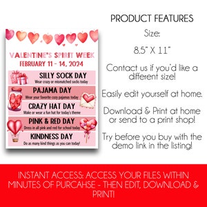EDITABLE Valentine's Day Spirit Week Itinerary | Valentine Spirit Week ...