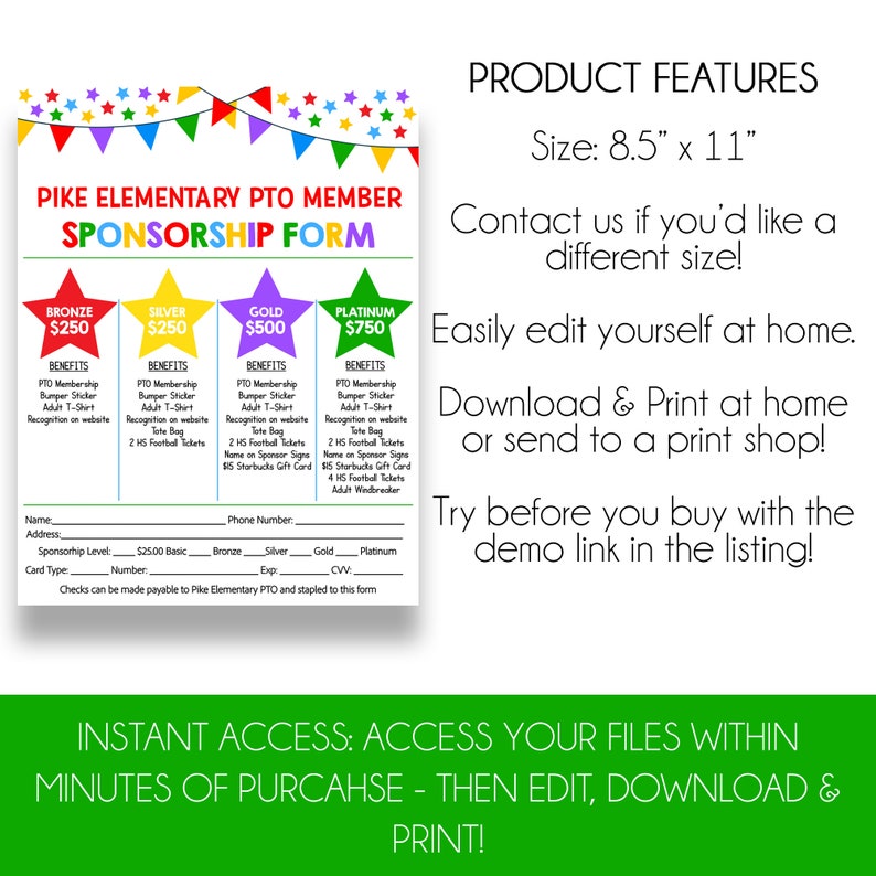 Editable PTO Sponsorship Form | PTA Membership Flyer | Printable School ...