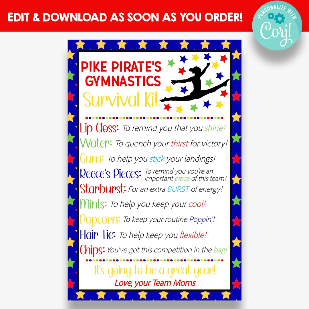 EDITABLE Bright Colors Gymnastics Survival Kit Cards | Gymnastics Team ...