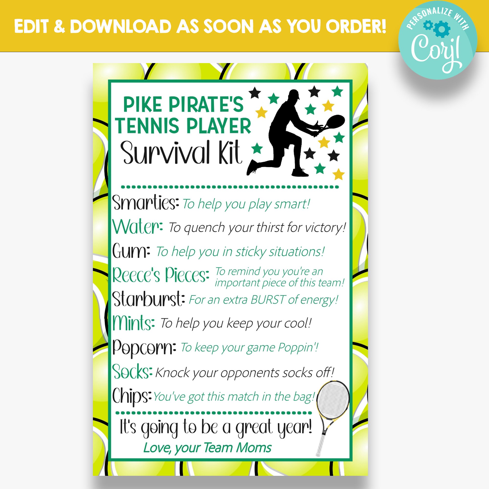 EDITABLE Tennis Survival Kit Tag Tennis Team Gift Idea - Etsy