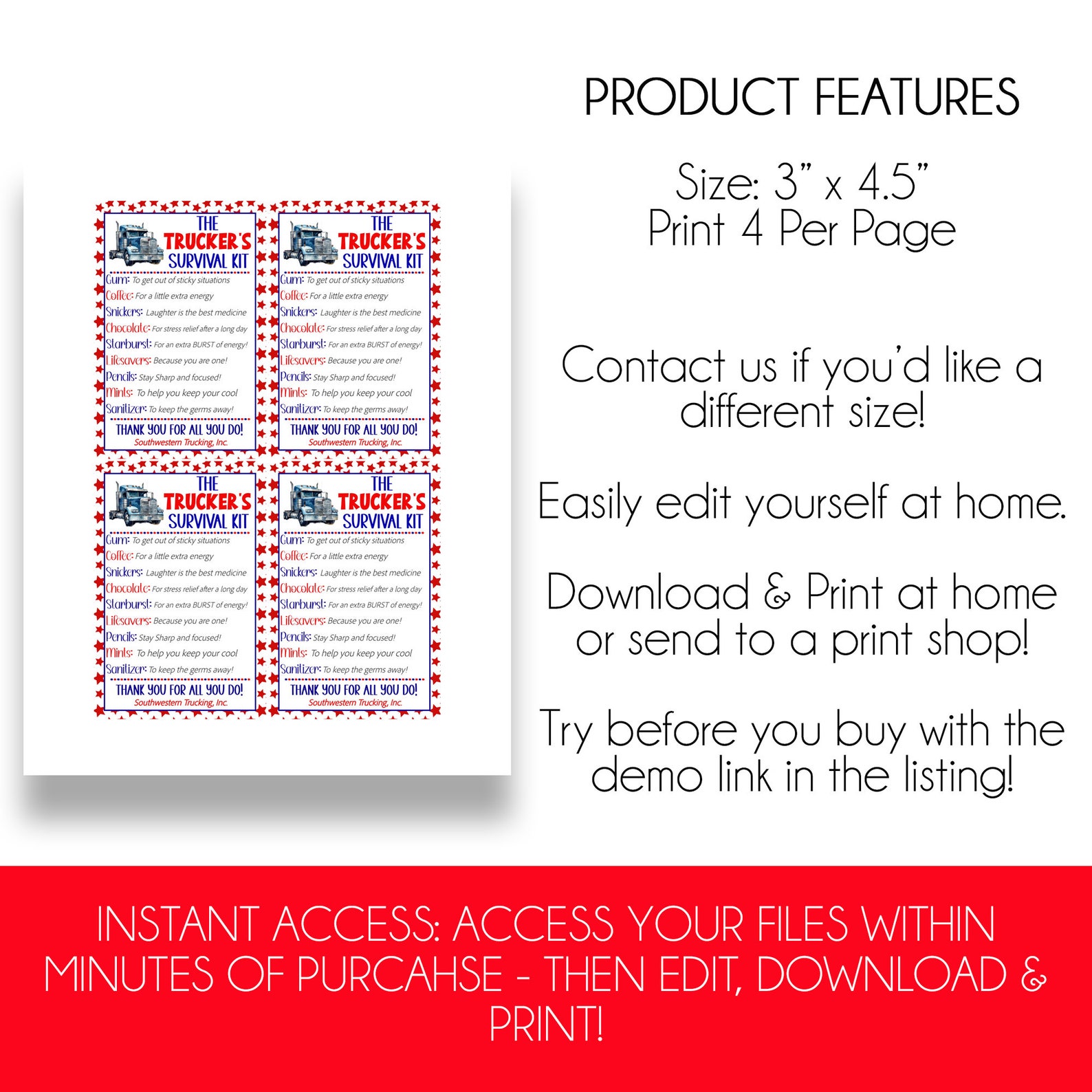 EDITABLE the Trucker's Survival Kit Gift Tag | Truck Driver ...