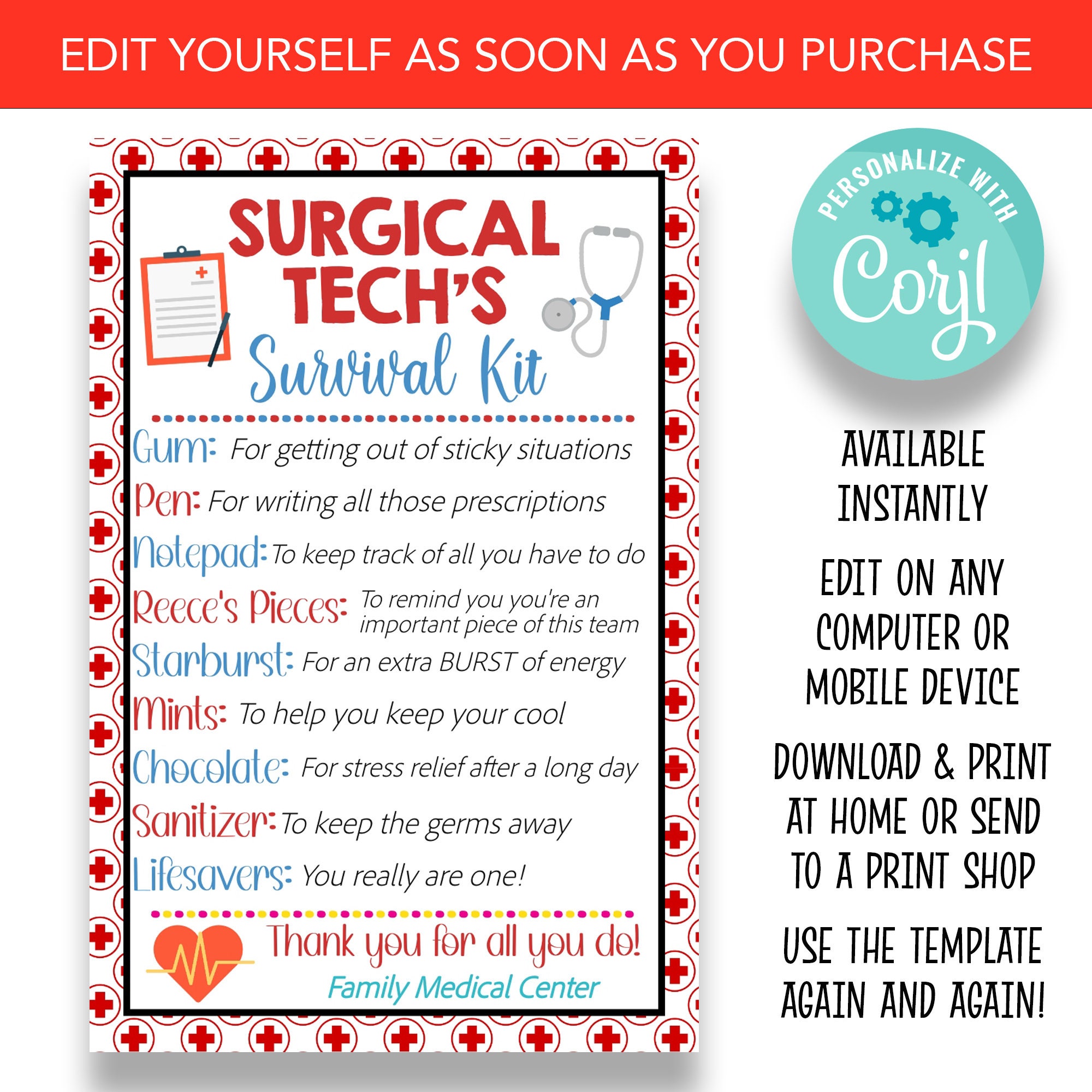 EDITABLE Surgical Tech's Survival Kit Gift Tag | Surgical Tech Thank ...