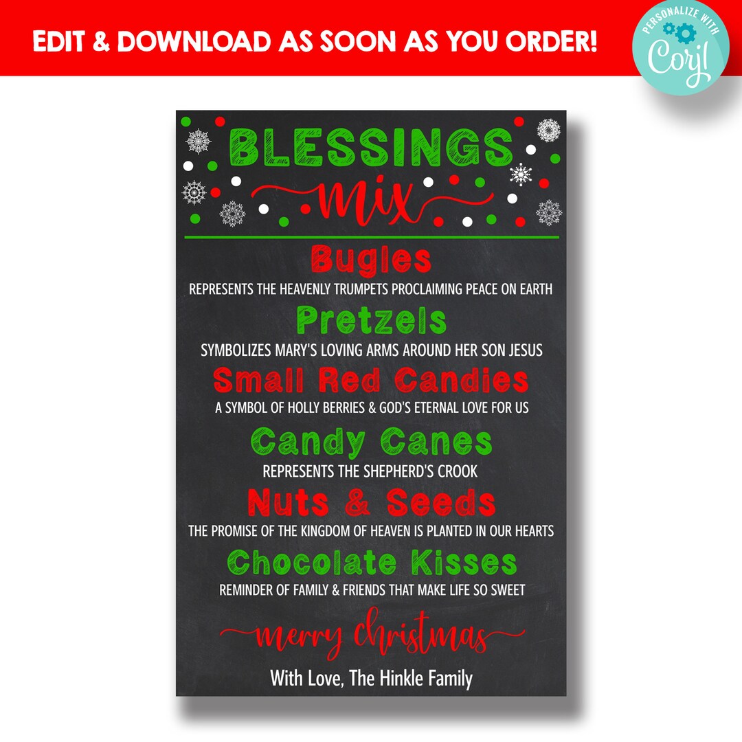 EDITABLE Chalk Christmas Blessings Mix Treat Bag Tag | Christmas Snacks ...