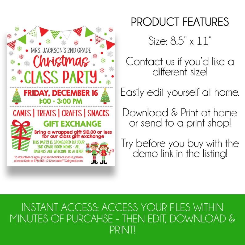 EDITABLE Class Christmas Party Flyer | School Christmas Party Template ...