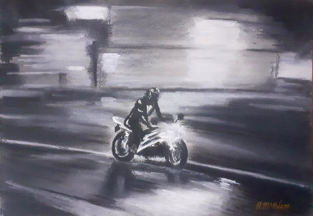 Night Biker. Original Wet Charcoal and Pastel Art by Andrew Mcadam ...