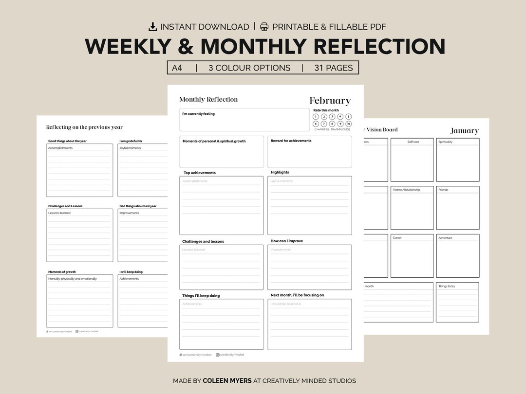 Weekly Monthly Reflection/ Review, Weekly Review, Monthly Reflections ...