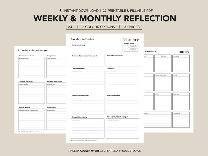 Weekly Monthly Reflection Planner, Vision Board Mindmap (printable PDF ...