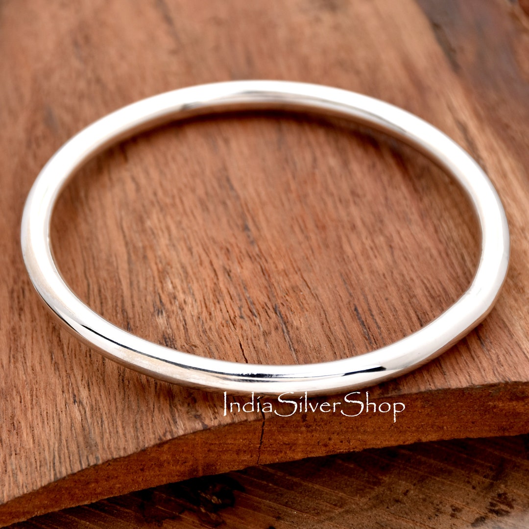 925 Solid Sterling Silver Bracelet, Round Tube Slip on Bangle Bracelet, High Polished Bangle ...
