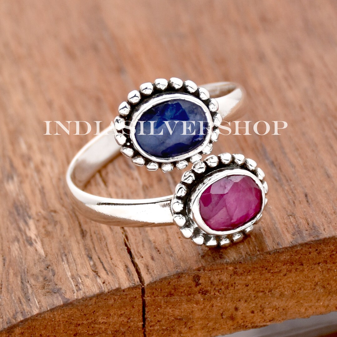 Indian Ruby and Sapphire Ring, 925 Sterling Silver Ring, Dual Stone ...