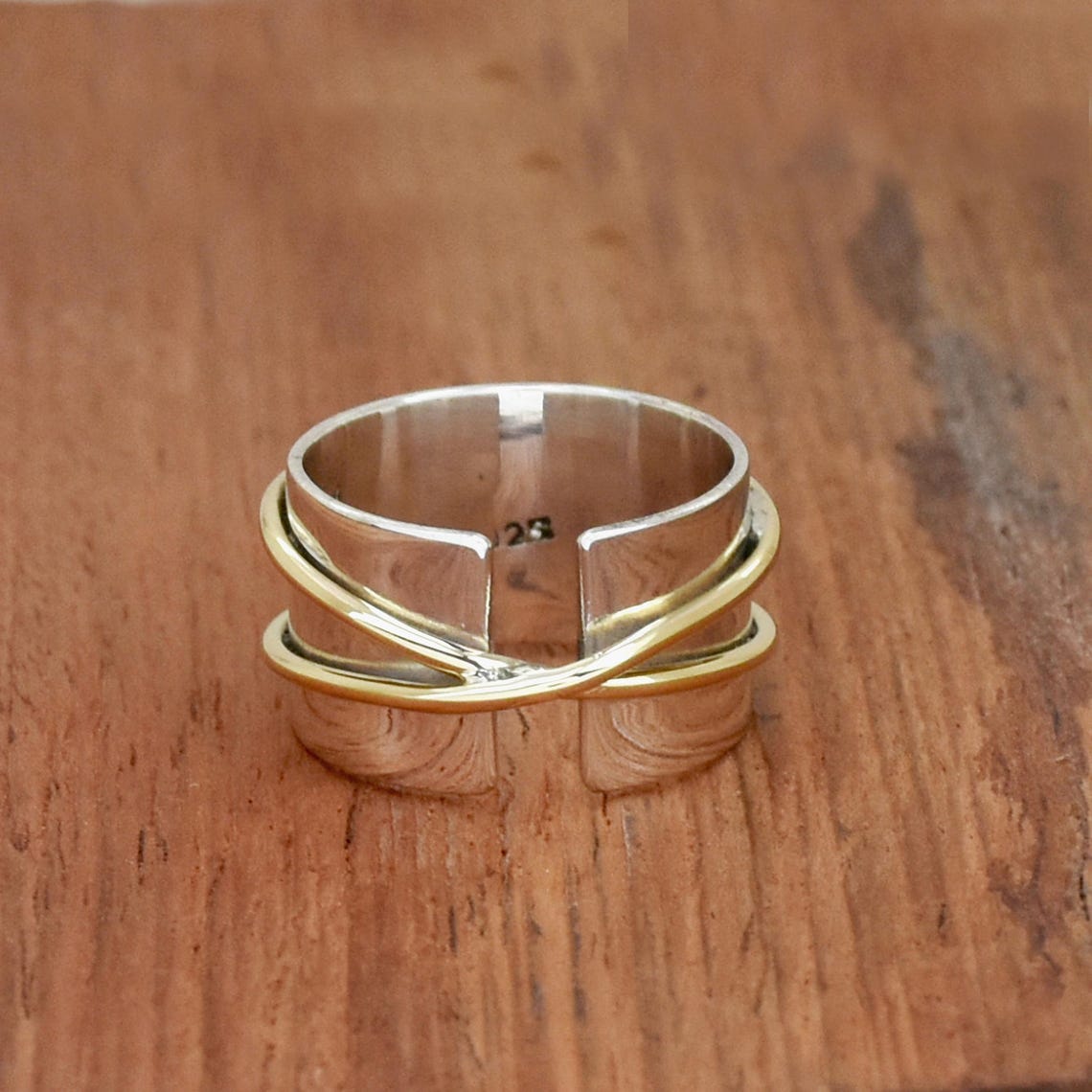Sterling Silver Wide Band Ring: Two Tone Cross Ring - Etsy