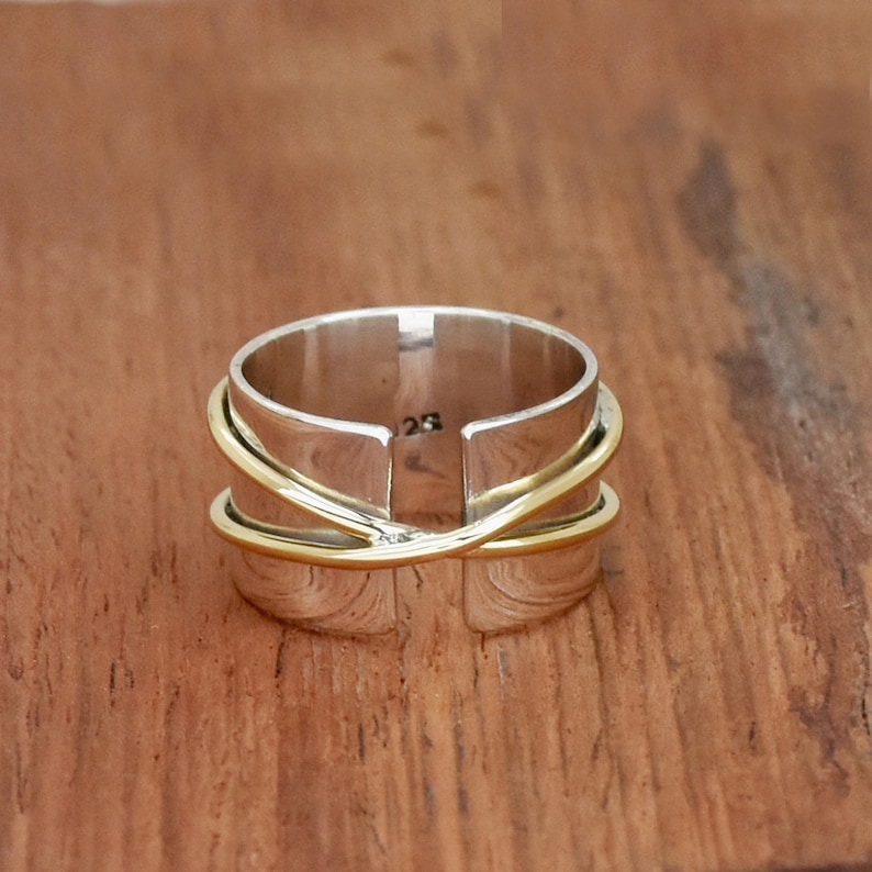 Sterling Silver Wide Band Ring: Two Tone Cross Ring - Etsy