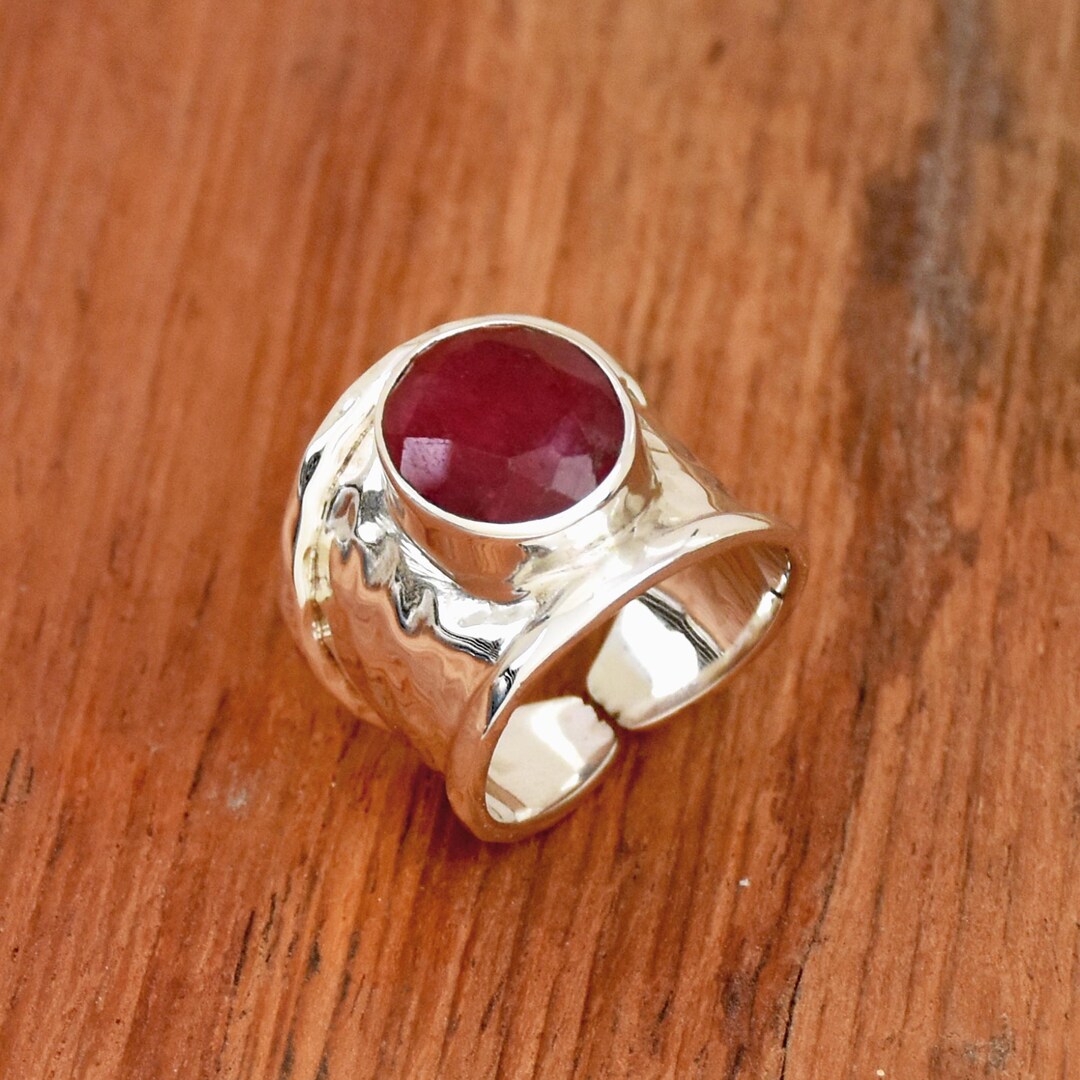 Indian Ruby Ring, 925 Sterling Silver Ring, Adjustable Ring, Hammered ...