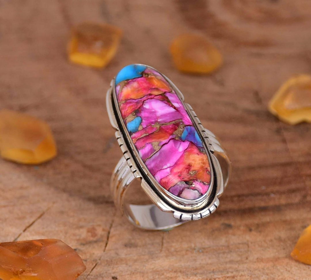 Pink Oyster Turquoise Ring Long Oval Gemstone Ring Pink Spiny Oyster ...
