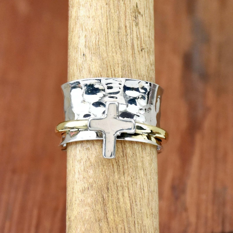 Sterling Silver Cross Spinner Ring: Two-tone Christian Meditation Band ...