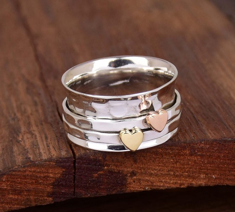 Sterling Silver Double Heart Spinner Ring: Wide Band Meditation Ring - Etsy